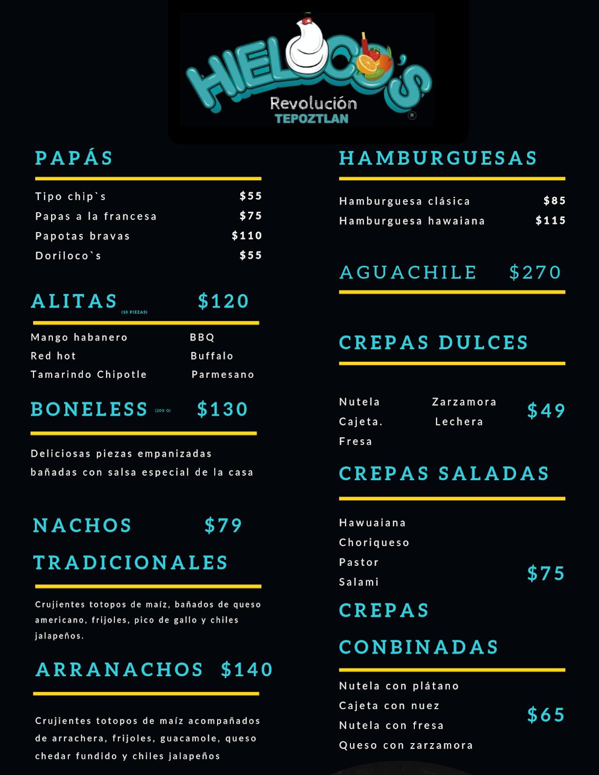 Menu at Hieloco's Taxco restaurant, Taxco