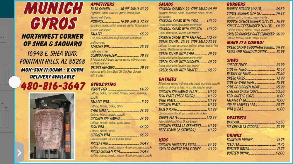 Menu at Munich Gyros restaurant, Fountain Hills