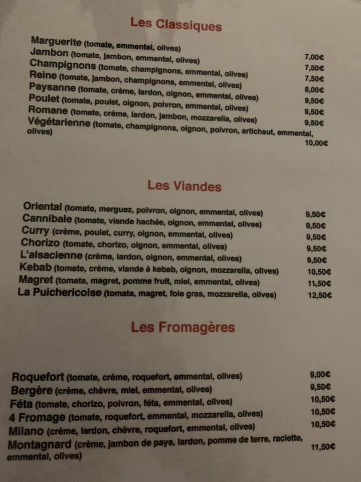 Menu at Pizzeria Chez Nini, Puichéric