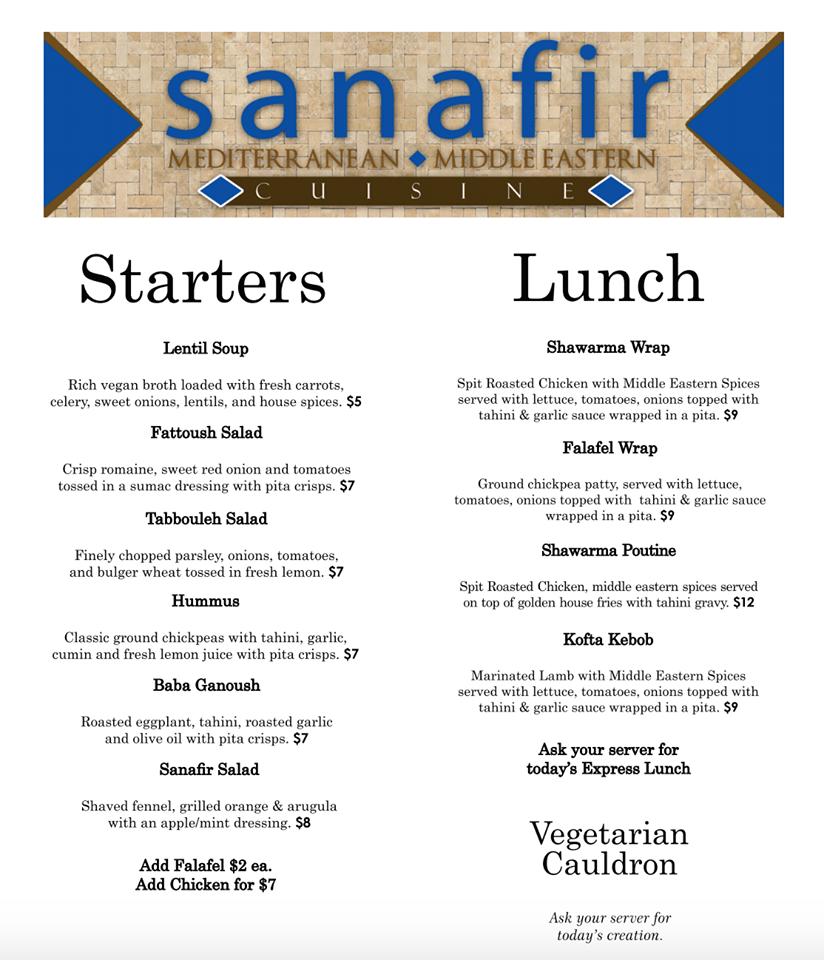 Menu at Sanafir Mediterranean Restaurant, Orillia