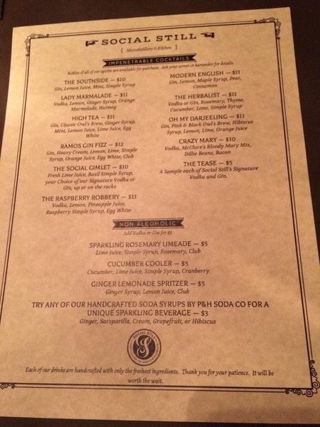 Menu at Social Still Distillery pub & bar, Bethlehem