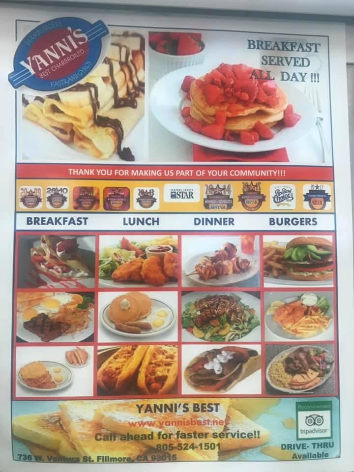 Menu at Yanni's Best Charbroiled restaurant, Fillmore