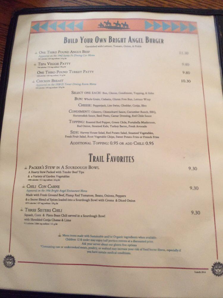Menu at Bright Angel Restaurant, Grand Canyon Village