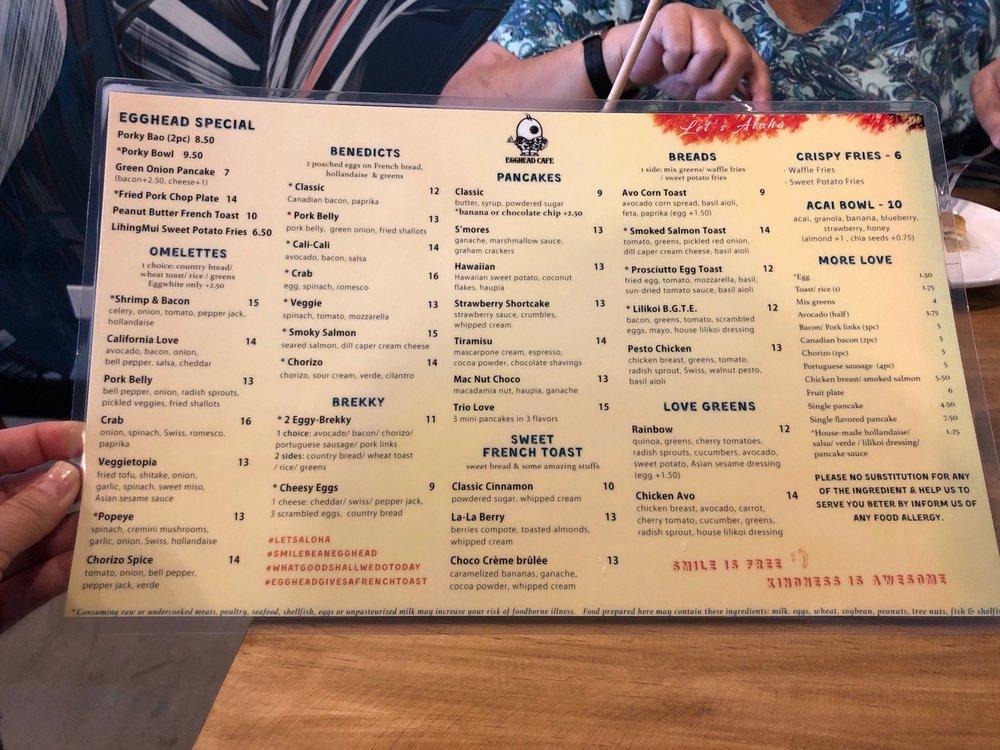 Menu at Egghead Cafe, Honolulu, Dillingham Blvd #8