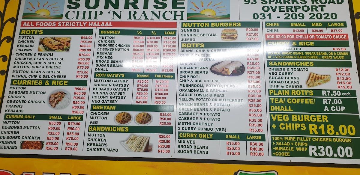 Menu at Sunrise Chip N Ranch, Overport, Durban restaurant, Durban, 93 ...