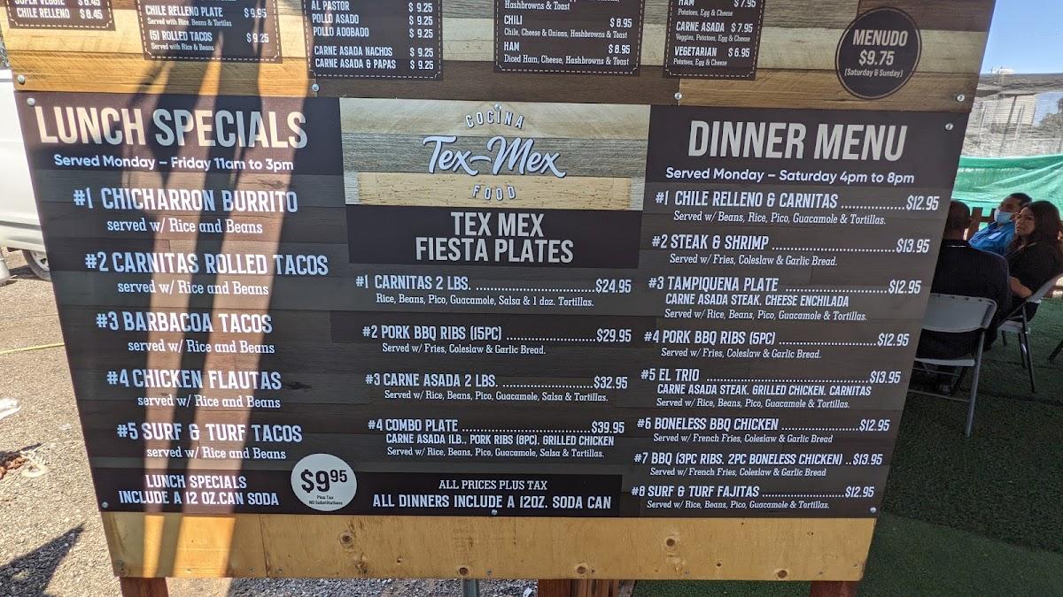 Menu at Tex Mex restaurant, Valley Center