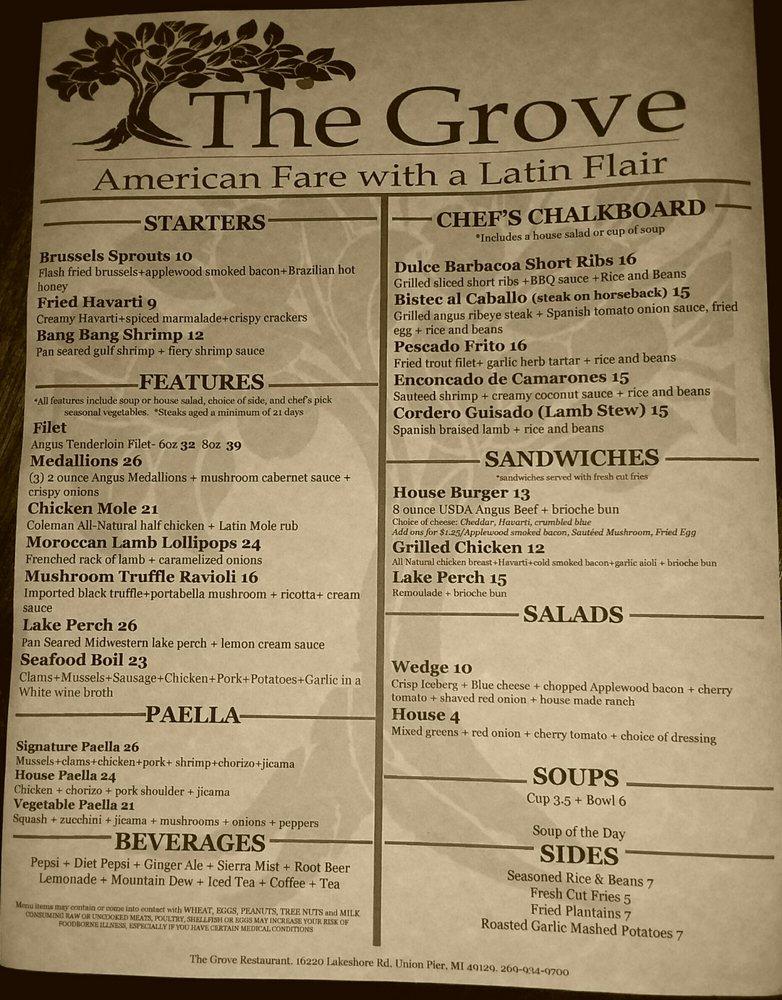 Menu at The Grove Restaurant, Union Pier