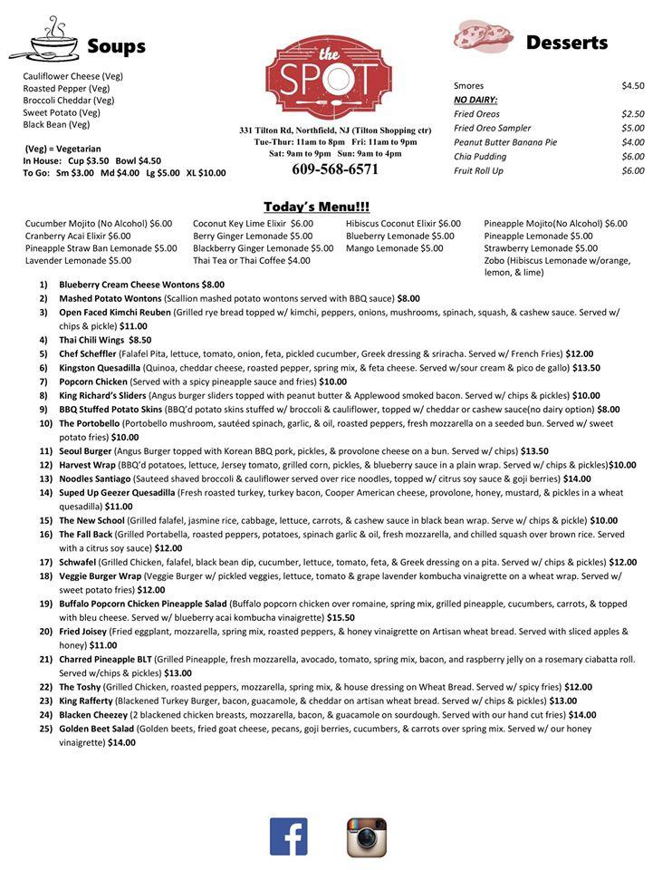 Menu at The Spot restaurant, Northfield