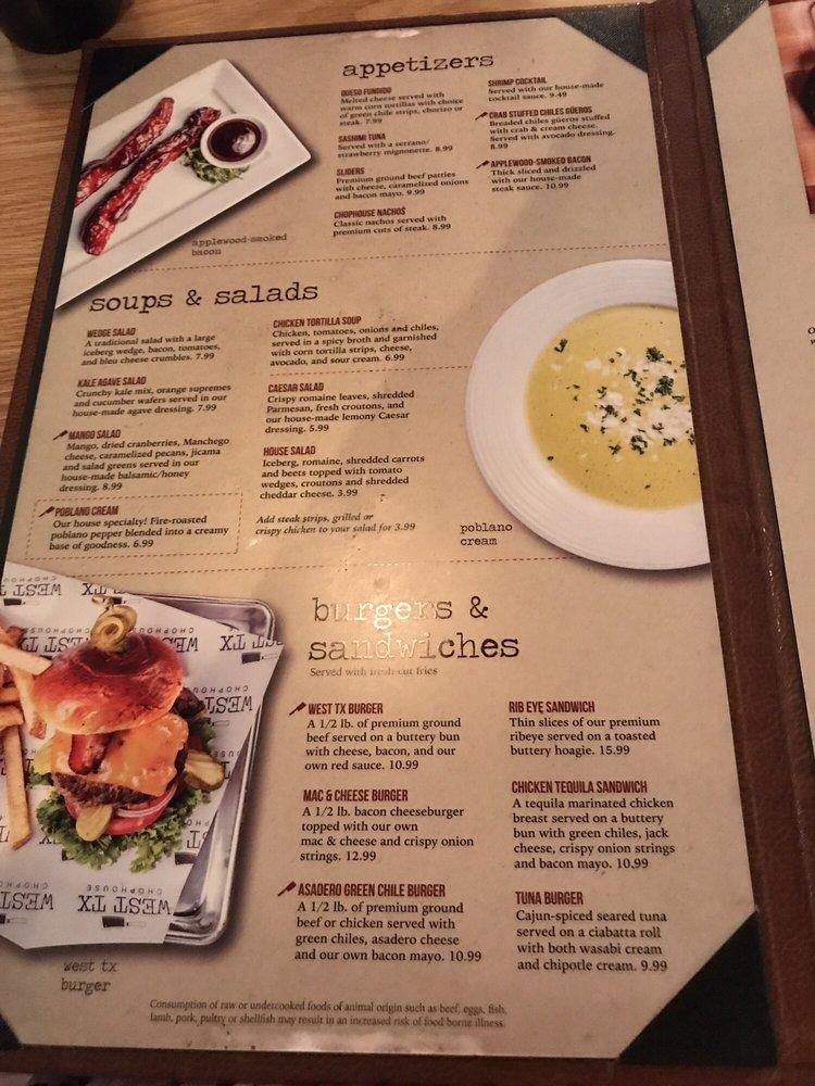Menu at West Texas Chophouse steakhouse, El Paso