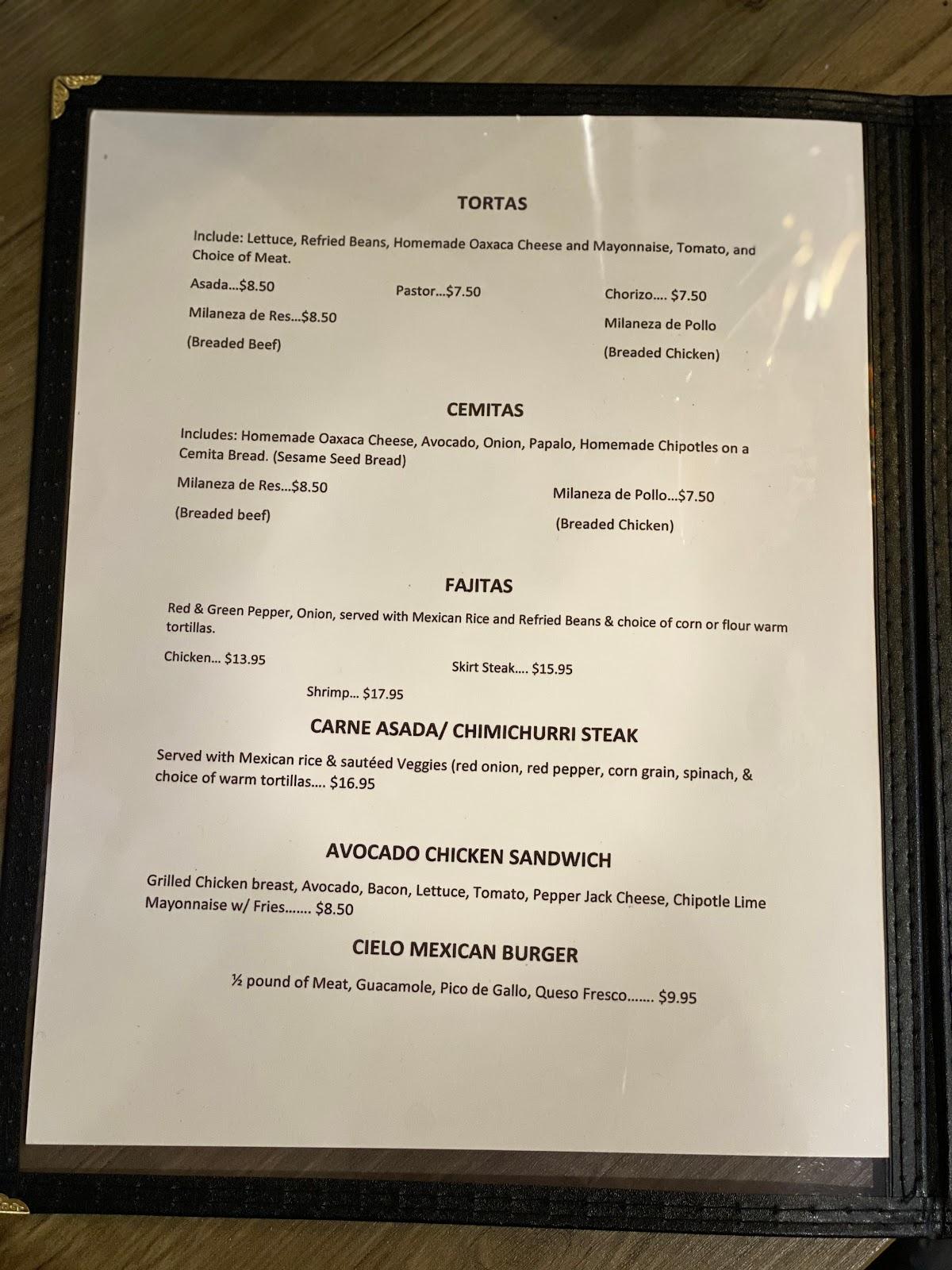 Menu at Cielo Mexican Grill restaurant, Schaumburg
