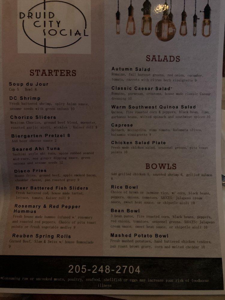 Menu at Druid City Social pub & bar, Tuscaloosa