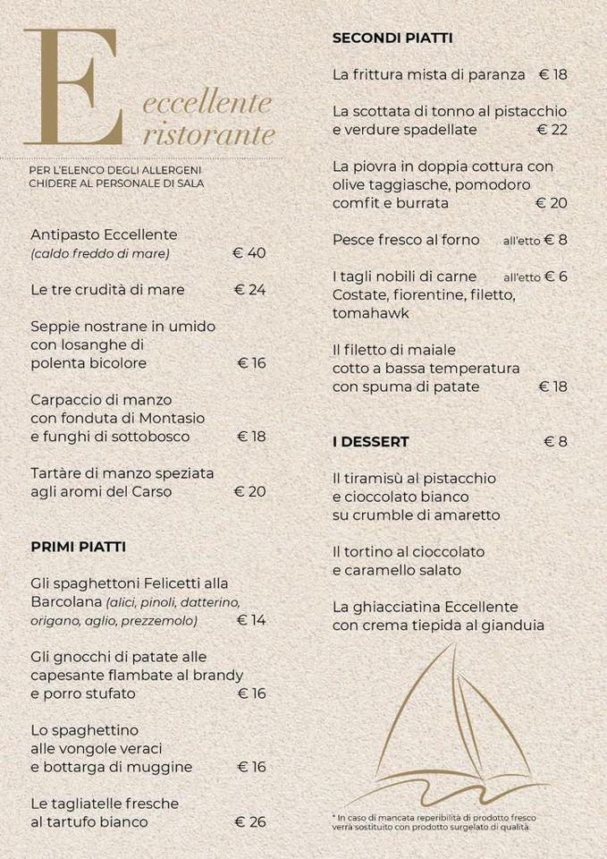 Menu at Eccellente ristorante, Trieste