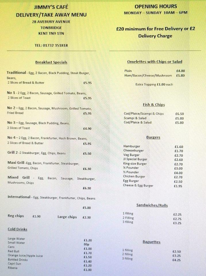 Menu at Jimmy's Cafe, Tonbridge