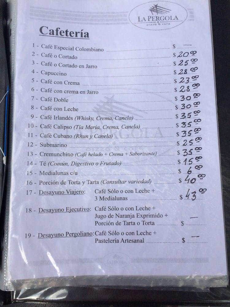 Menu at La Pérgola cafeteria, Baradero