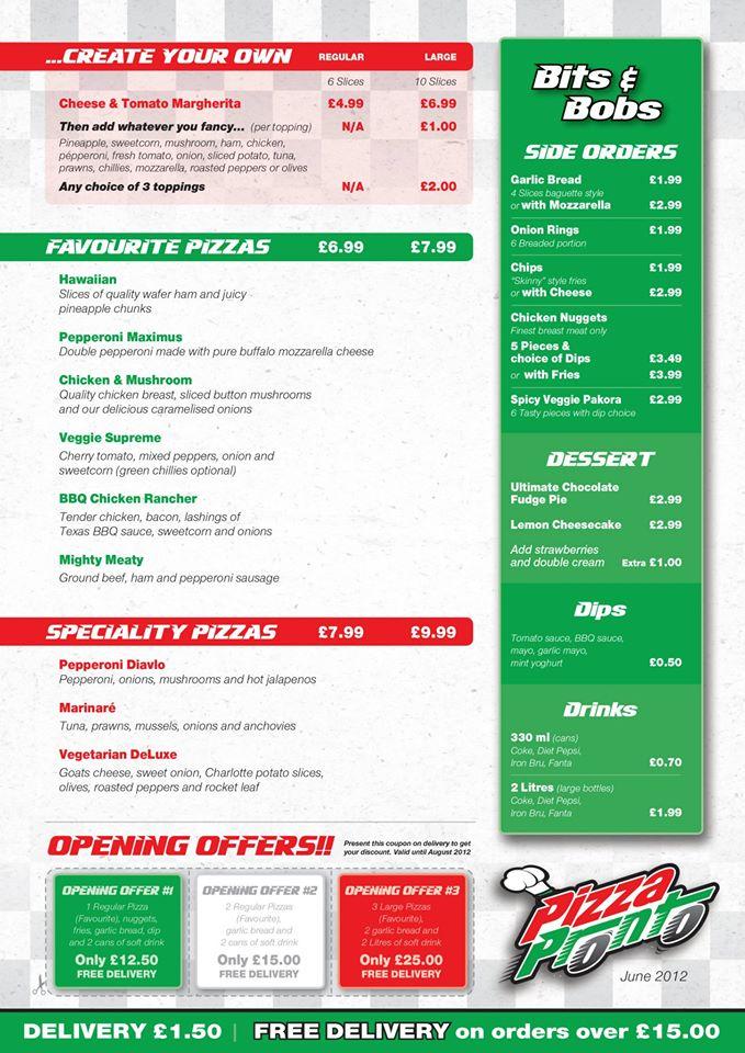 Menu at Pizza Pronto Pitlochry pizzeria, Pitlochry