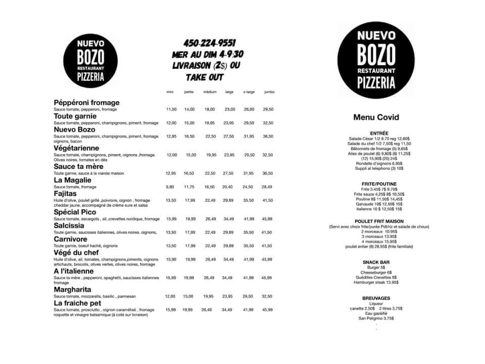 Menu au Restaurant Nuevo Bozo, Prévost