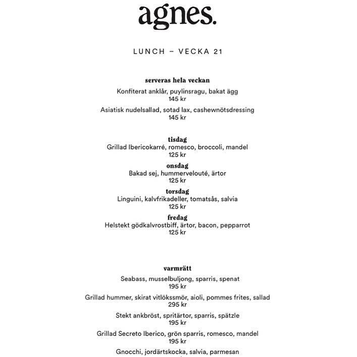 Menu at Agnes pub & bar, Stockholm