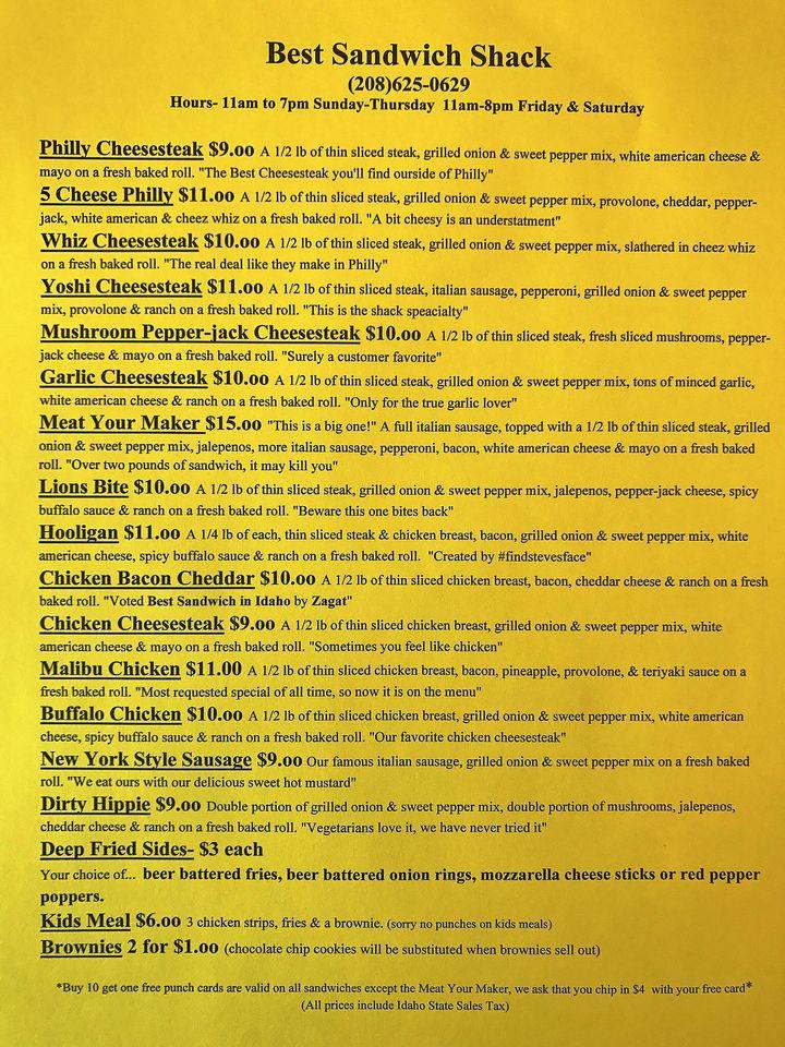 Menu at Best Sandwich Shack restaurant, Coeur d'Alene, 518 E Best Ave