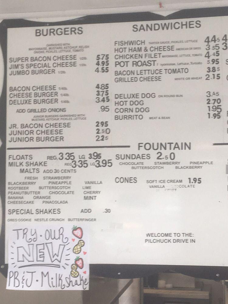 Menu at Pilchuck Drive In fast food, Snohomish