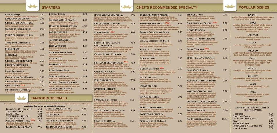 Menu at Royal Spice restaurant, Draycott