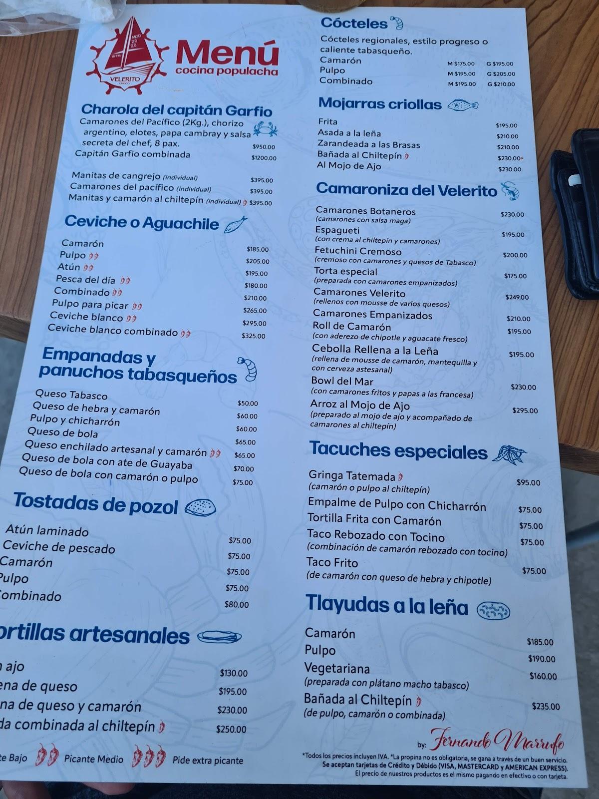 Carta del restaurante Velerito Choco, Villahermosa