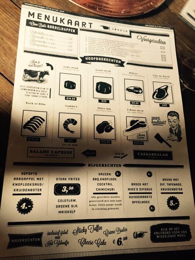 Menu at Café Carbòn, Amsterdam, Van Woustraat 174