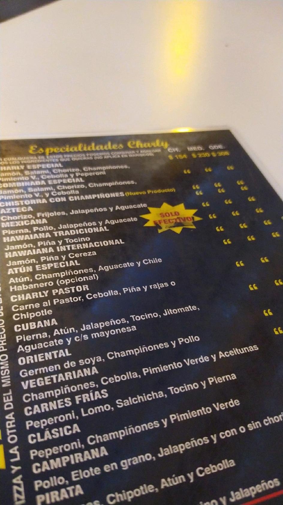 Carta de pizzería Charly Pizza, Heroica Puebla de Zaragoza, C. 16 de ...