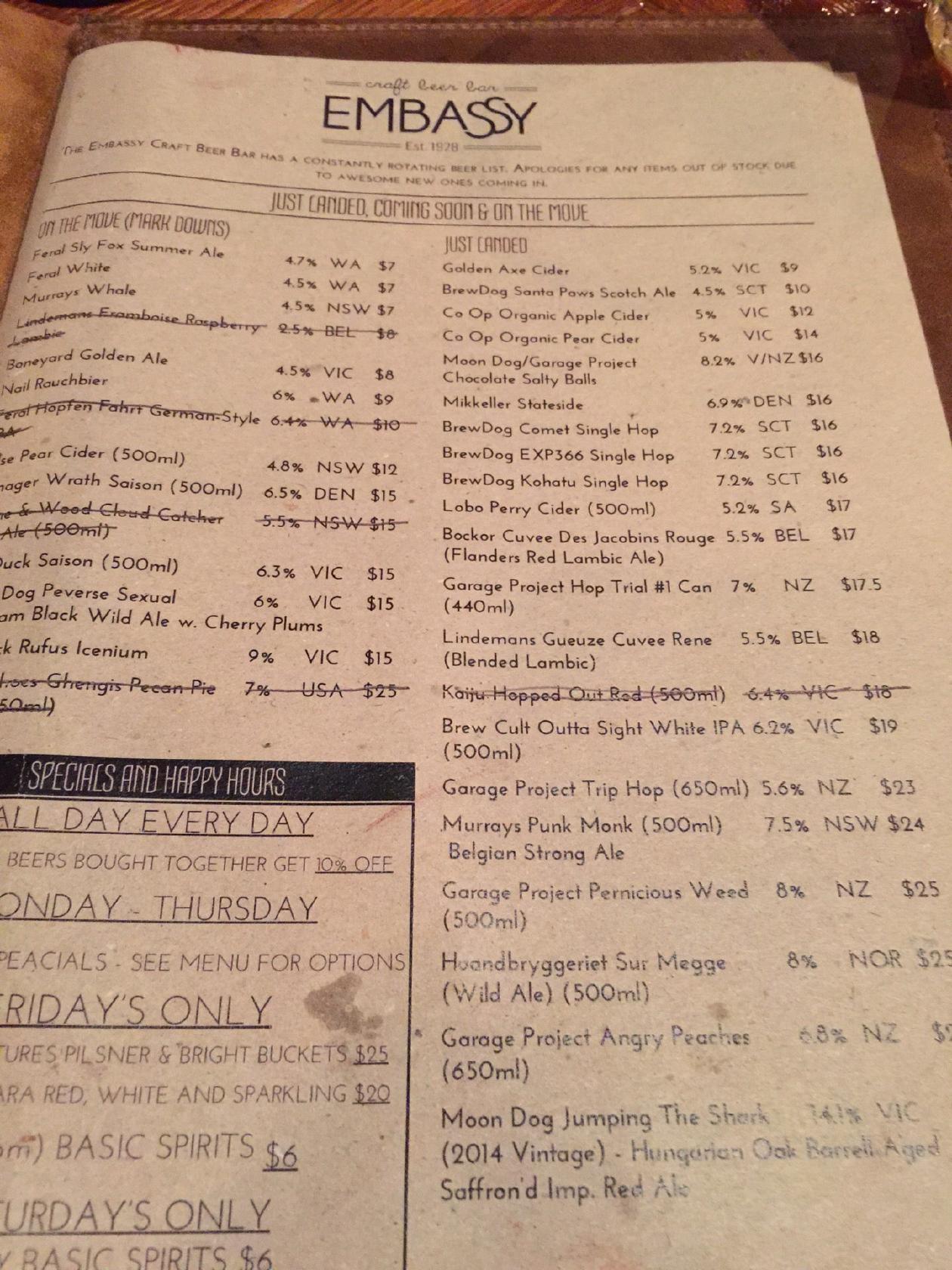Menu at Embassy Hotel pub & bar, Brisbane City