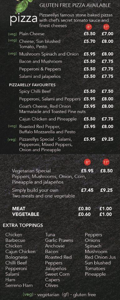 Menu at Pizzarellys restaurant, Lisburn