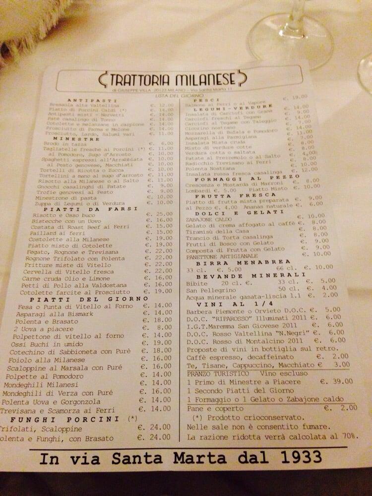 Menu at Trattoria Milanese cafe, Milan, Via Santa Marta