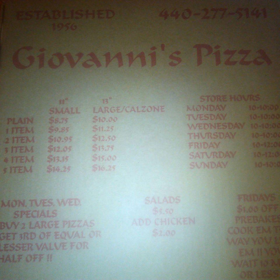 Menu at Giovanni's Pizza pizzeria, Lorain