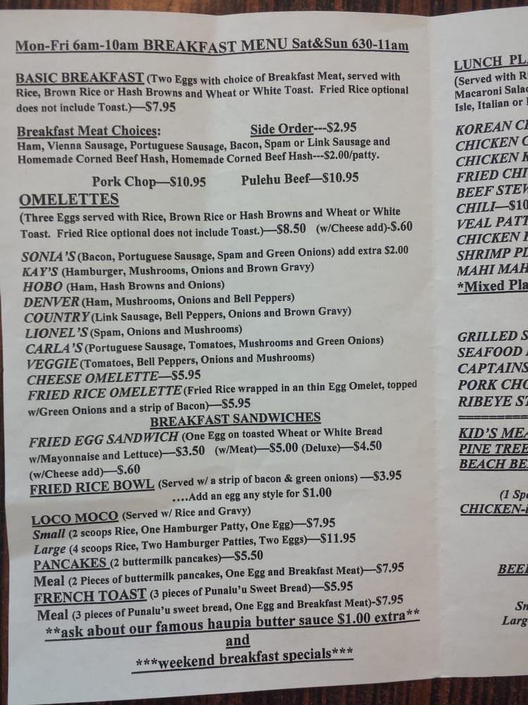 Menu at Pine Tree Cafe, Kailua-Kona, 73-4040 Hulikoa Dr