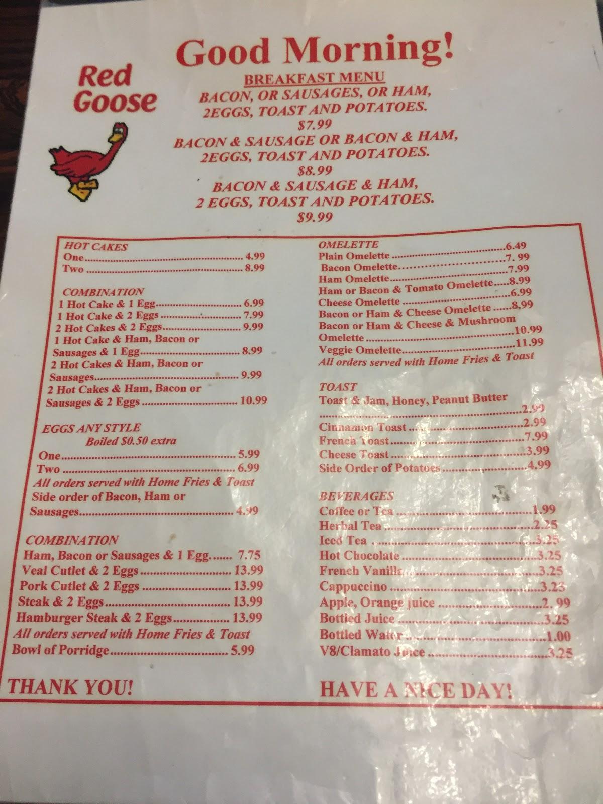 Menu at Red Goose Restaurant, Edmonton