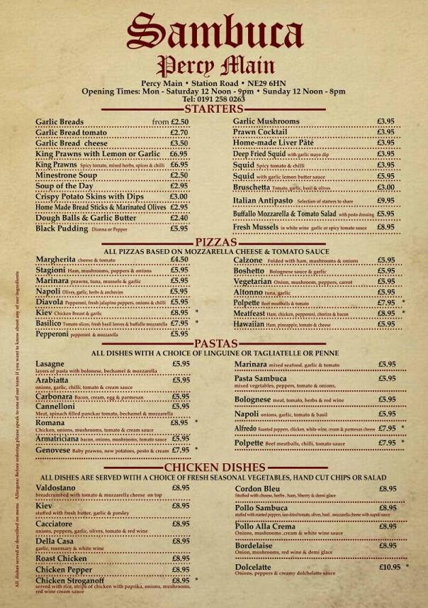 Menu at Sambuca Percy Main restaurant, North Shields