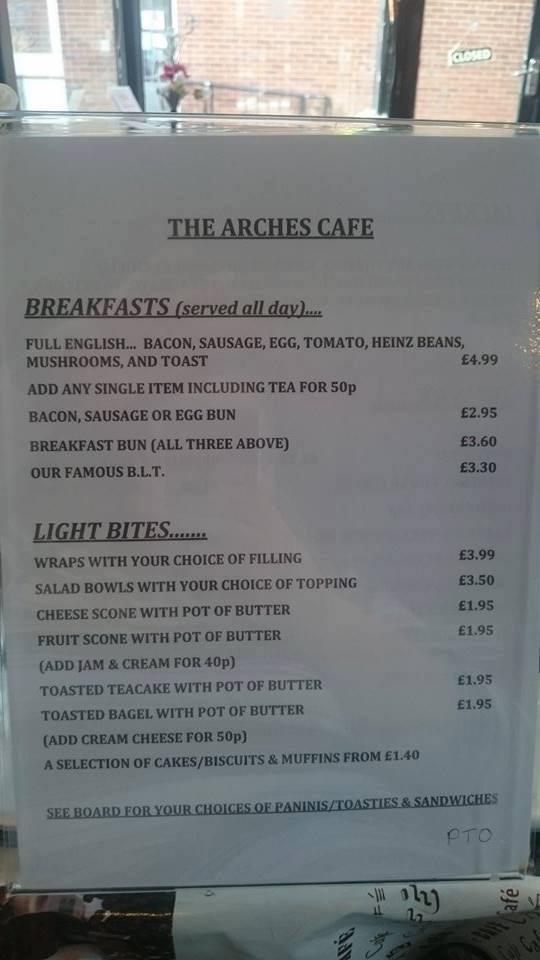 Menu at The Arches Cafe, Hartlepool