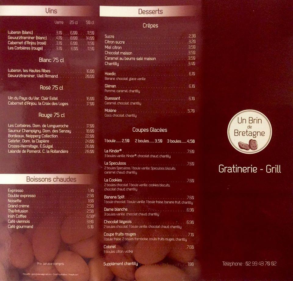 Menu au Un Brin De Bretagne restaurant, Bain-de-Bretagne