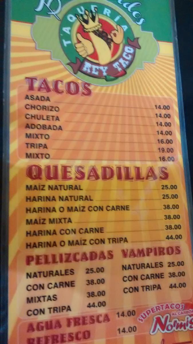 Menu at el rey taco restaurant, Tepic