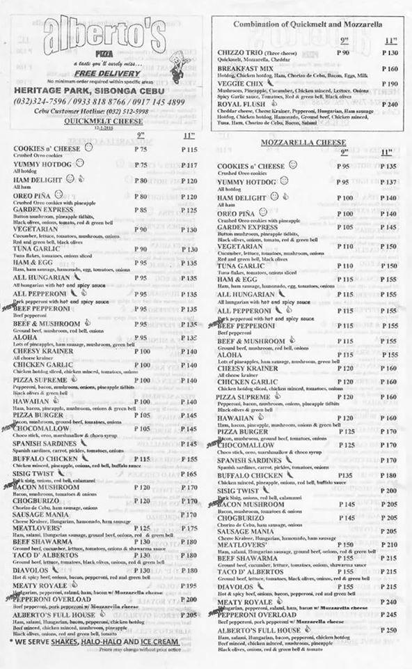 Menu at Albertos Pizza - Sibonga cafe, Sibonga, 2J8C+84R