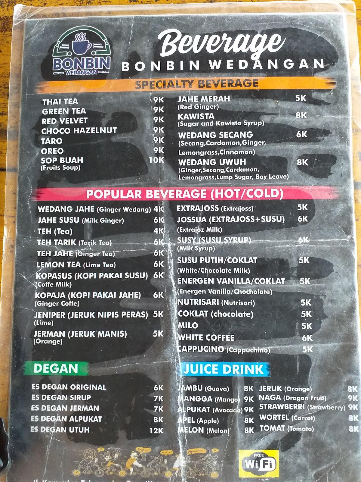 Menu at BonBin Wedangan cafe, Gedangsewu, Jl.Kemuning