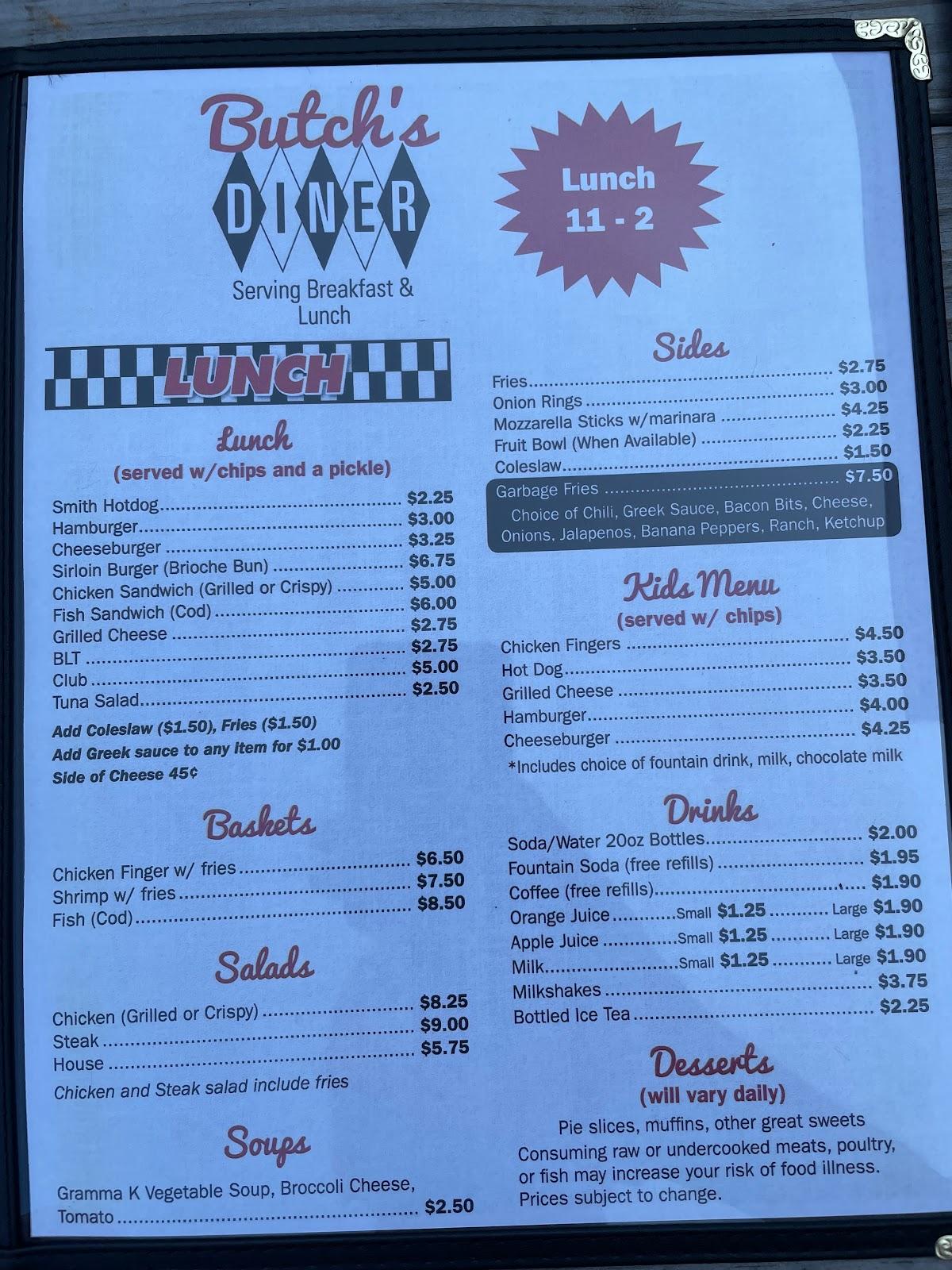 Menu at Butch's Diner restaurant, North East