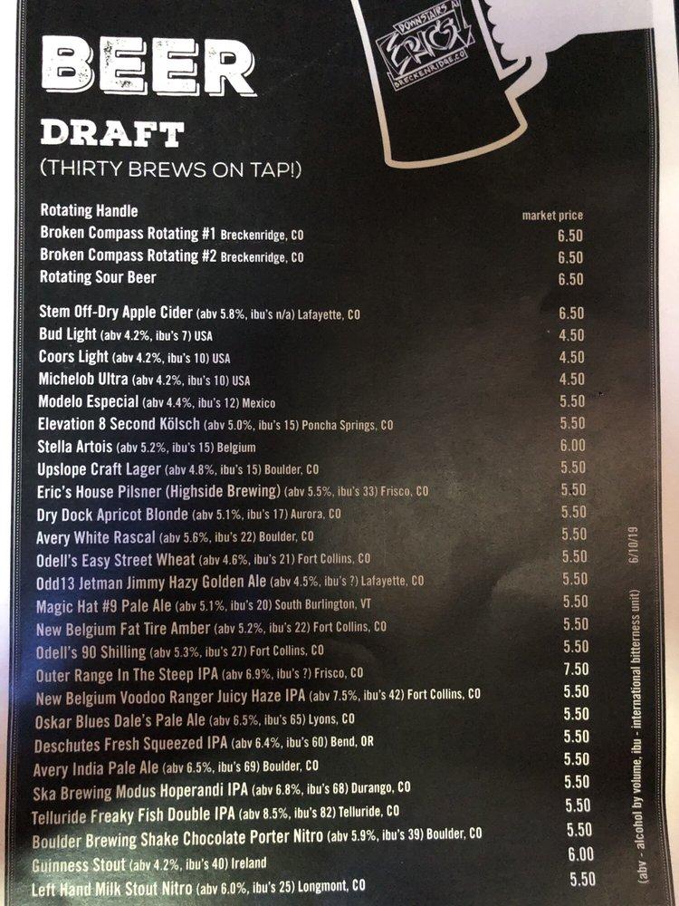 Menu at Downstairs at Eric's pizzeria, Breckenridge