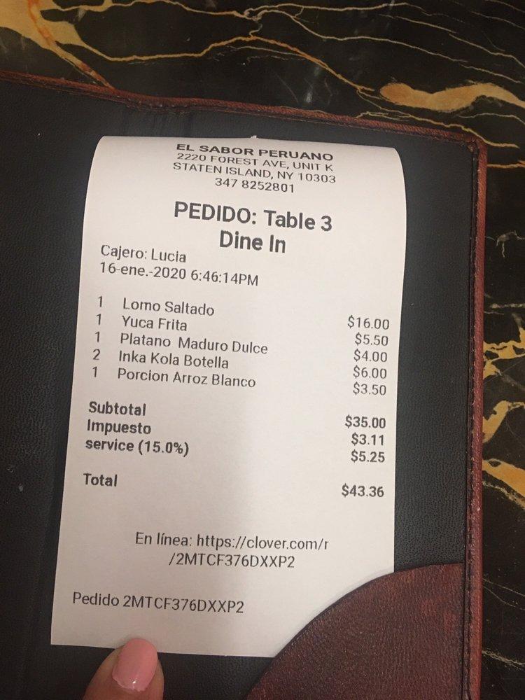 Carta del restaurante El Sabor Peruano, Bayonne