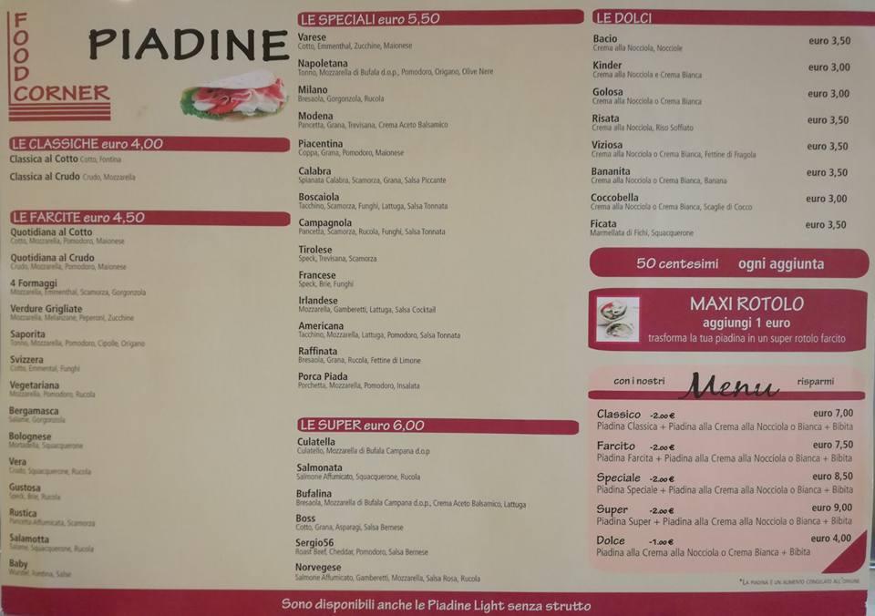 Menu at Food Corner restaurant, Varese, Via Carlo Cattaneo
