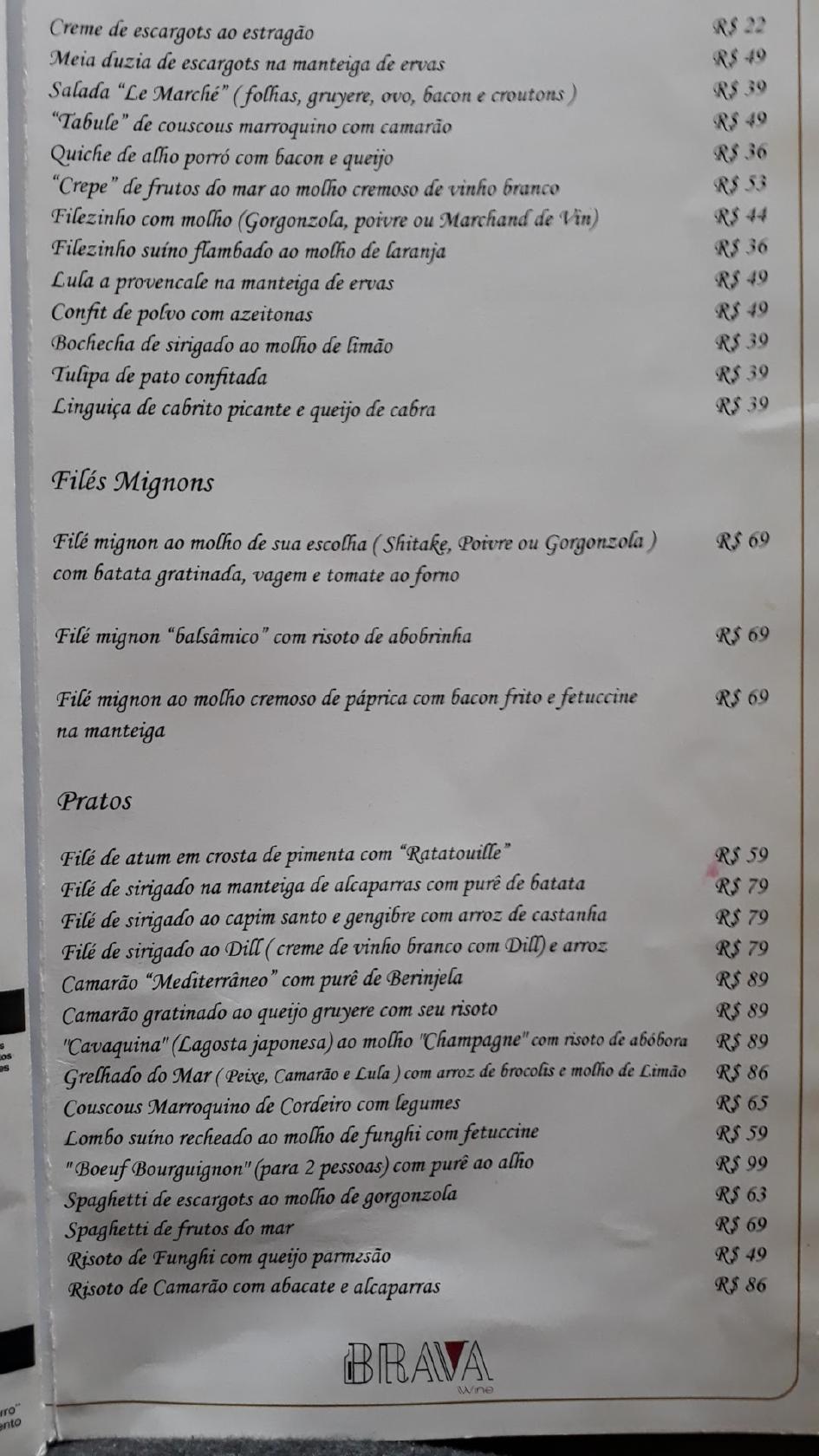 Carta del restaurante Le Marché, Fortaleza