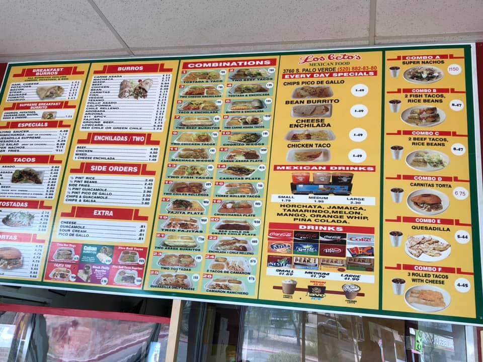 Menu at LOS BETOS MEXICAN FOOD restaurant, Tucson, S Palo Verde Rd