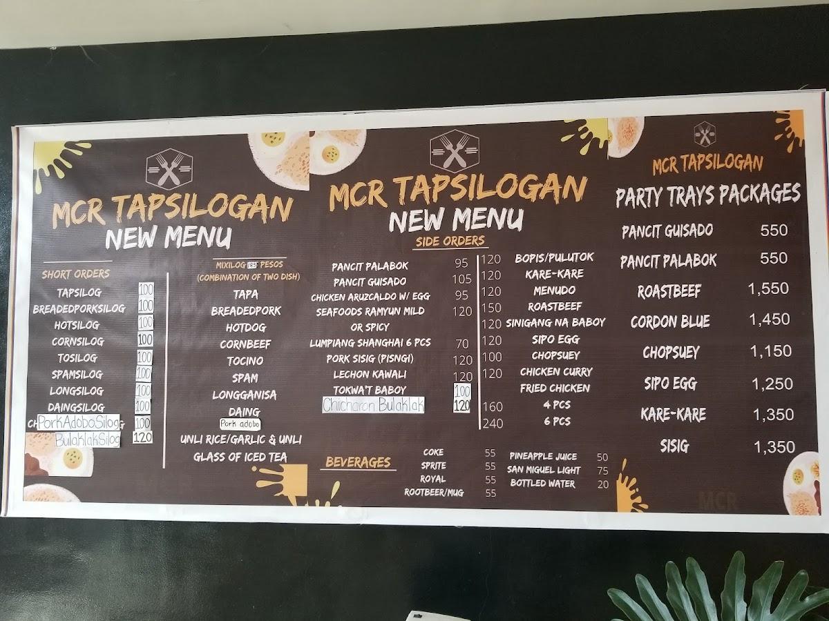 Menu at MCR Tapsilogan restaurant, San Fernando