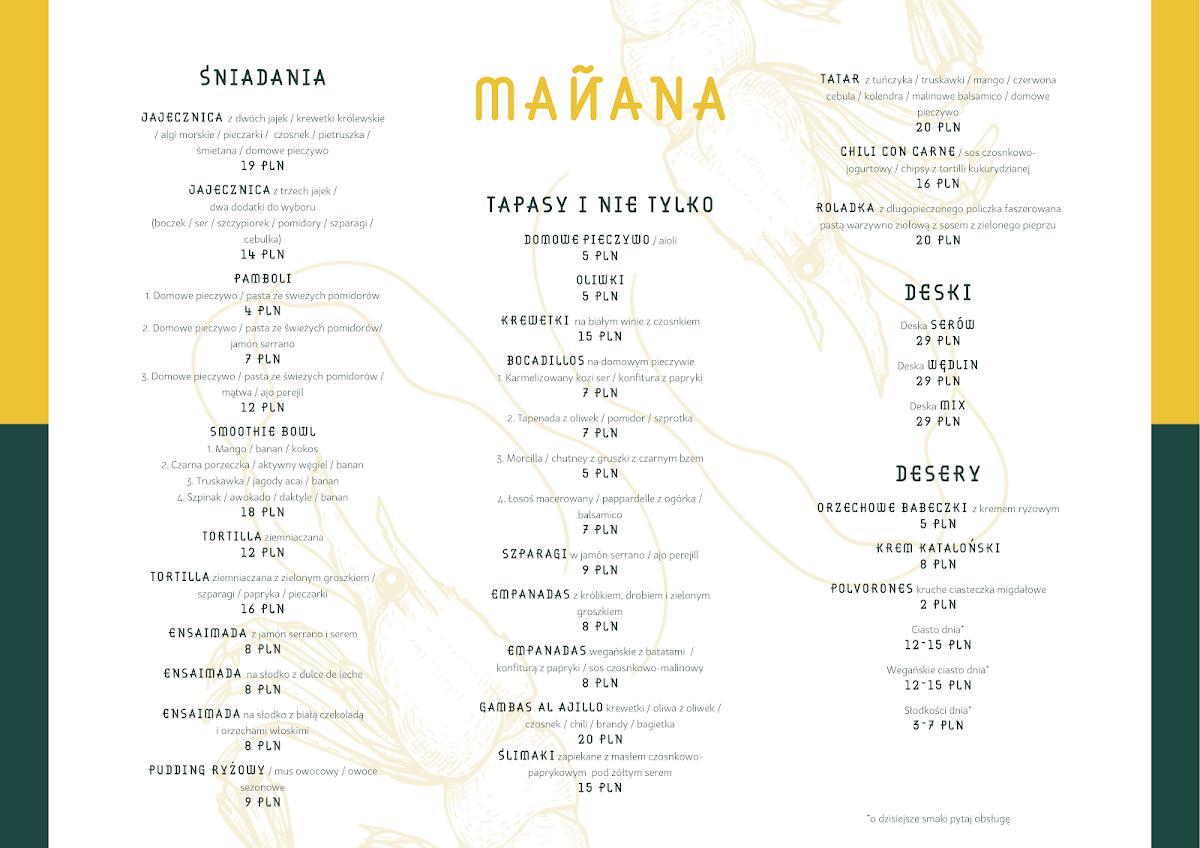 Menu at Mañana pub & bar, Kraków, Kurkowa 1