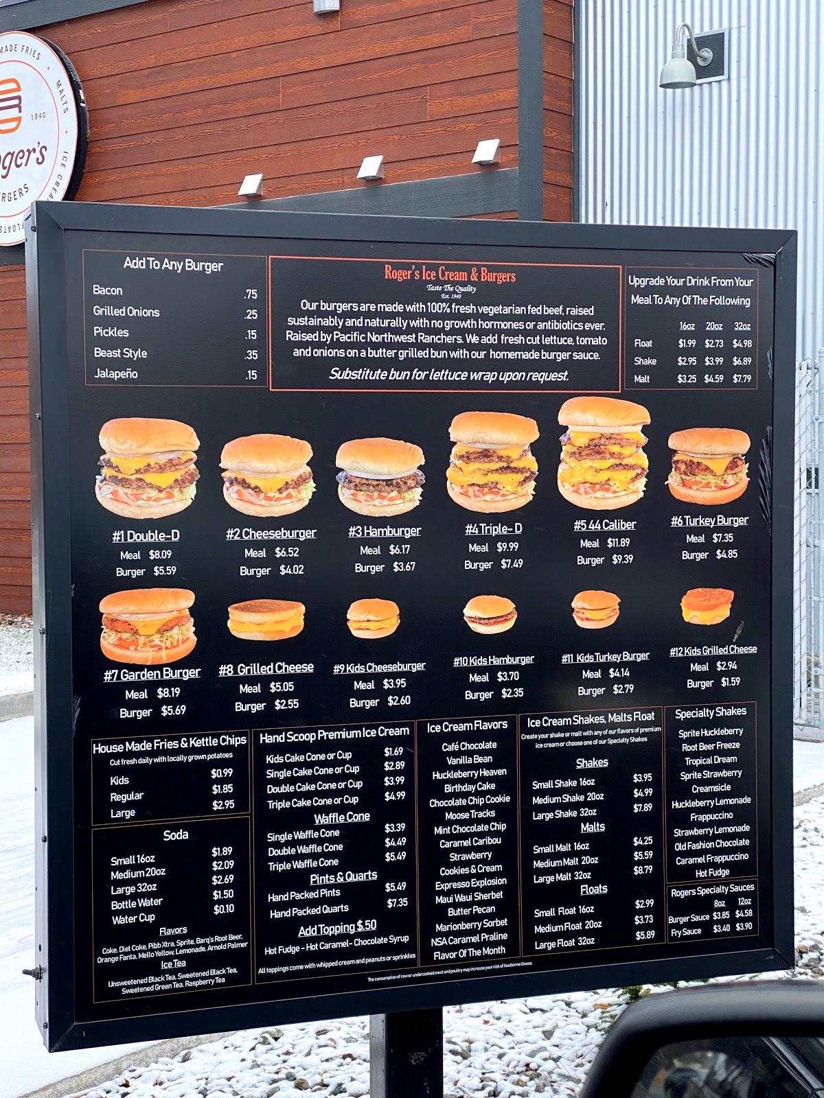 Menu at Roger's Ice Cream & Burgers fast food, Post Falls