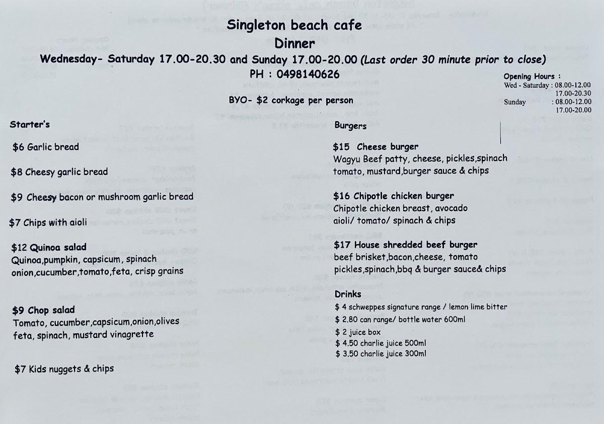 Menu at Singleton Beach Cafe, Singleton