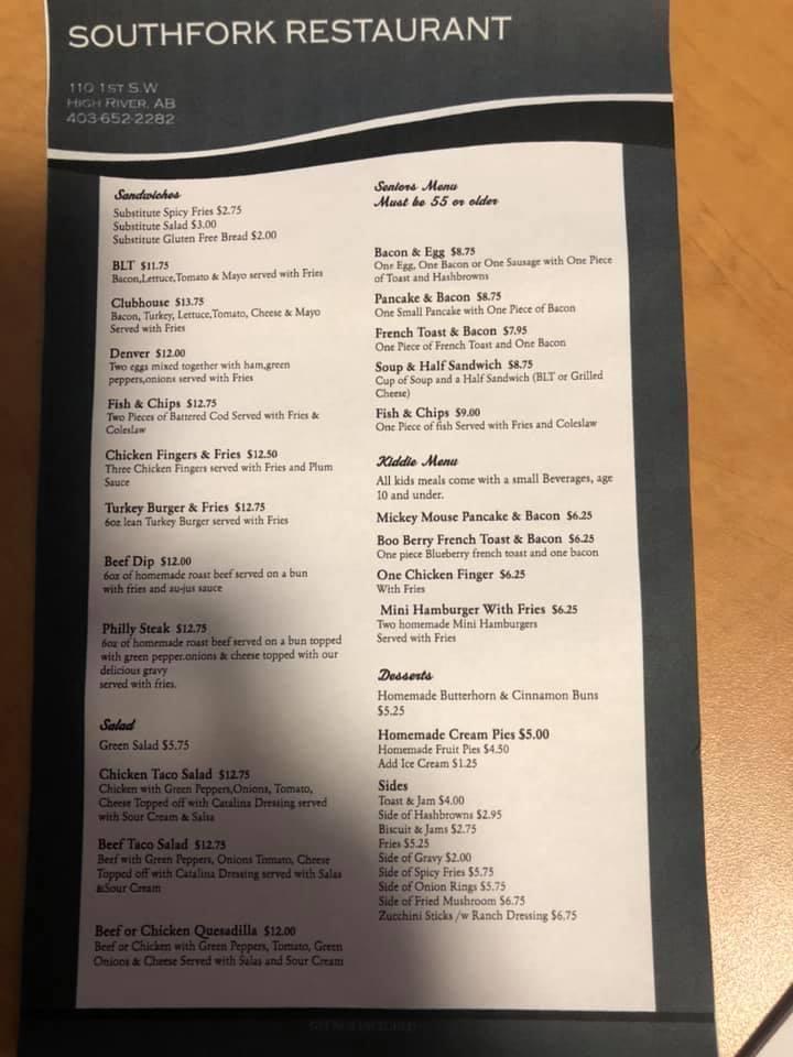 Menu at Southfork restaurant, High River